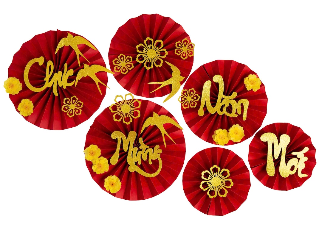 Vietnamese Red Paper Fans With Gold Calligraphy, 6 Pieces, Lunar New ...