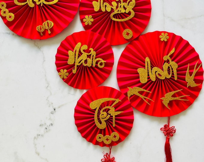 Vietnamese Red Paper Fans With Gold Calligraphy, 5 Pieces, Vietnamese ...