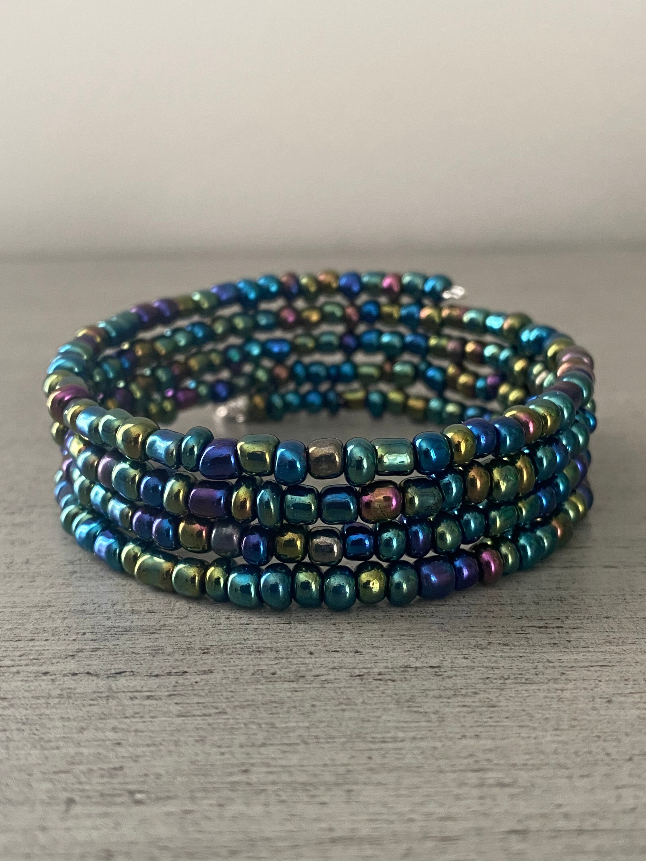 Beaded Celestial Memory Wire Bracelet, Wrap Bracelet With Moon Charm, Seed Bead Memory Wire ...