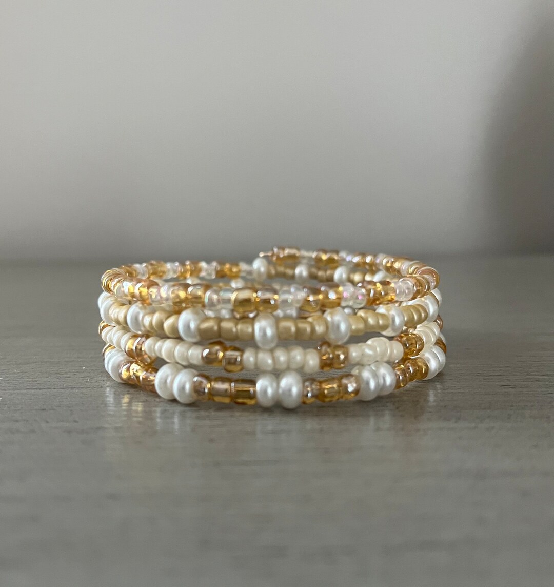 Memory Wire Wrap Bracelet, Gold Beaded Wrap, Seed Bead Jewelry, Gifts ...