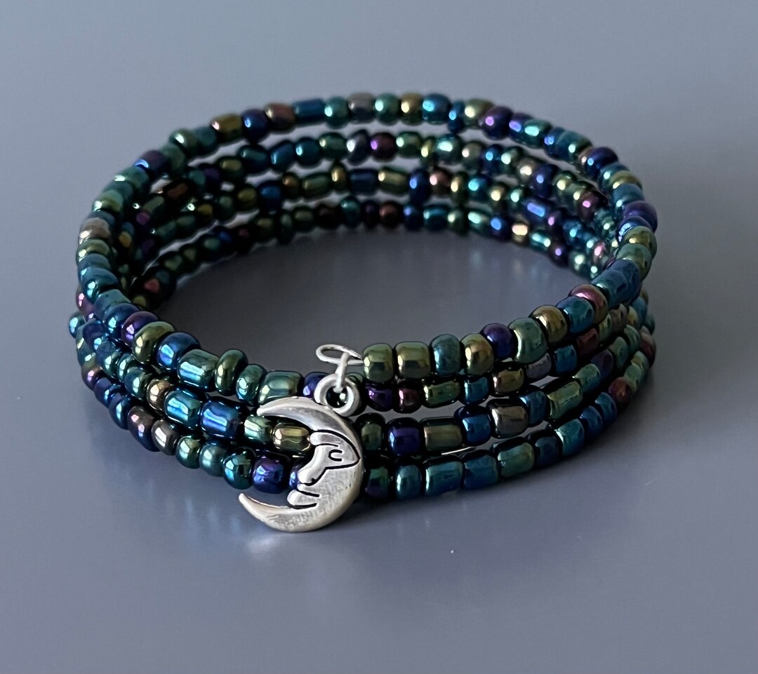 Beaded Celestial Memory Wire Bracelet, Wrap Bracelet With Moon Charm ...