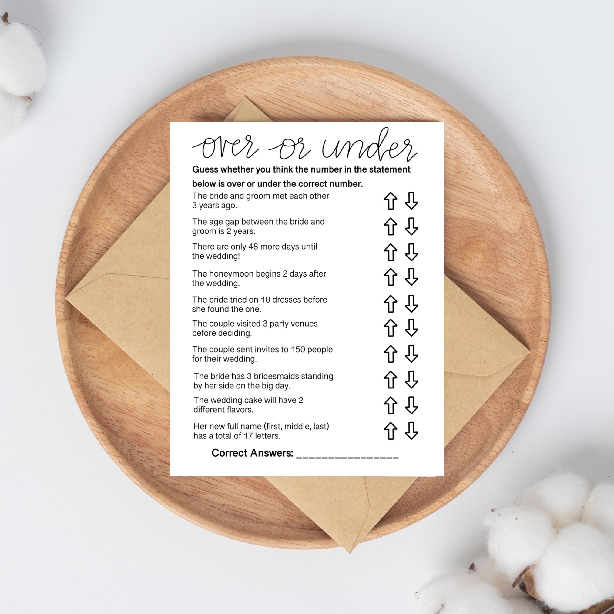 Over or Under Wedding Shower Game - Etsy