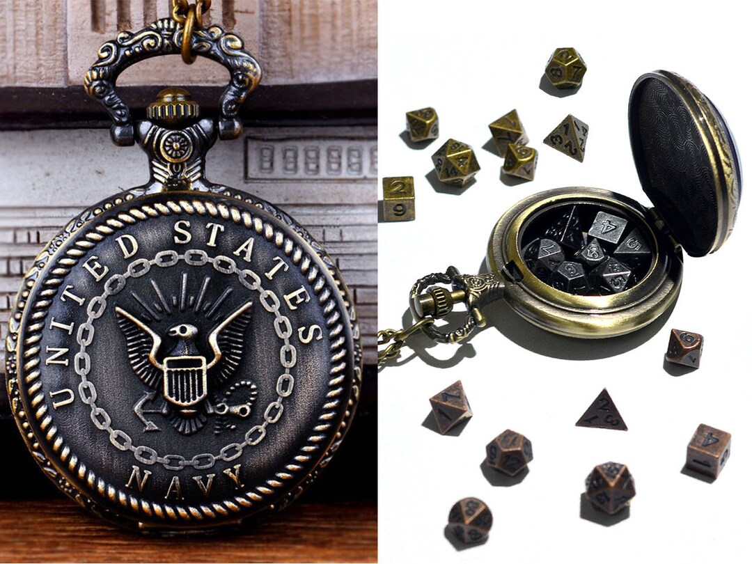 USA NAVY Pocket Watch Shell With 7-die Metal Micro Polyhedral Dice Set ...