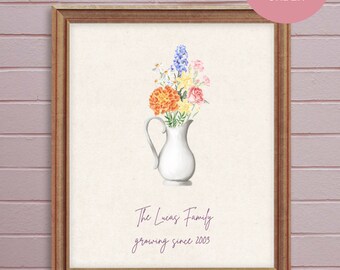 Family Flower Bouquet | Birth Month Flower Art | Personalized Custom ...