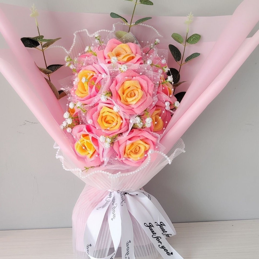 Handcrafted Ribbon Bouquet - Bling Eternal Rose, Ribbon Rose Bundle ...