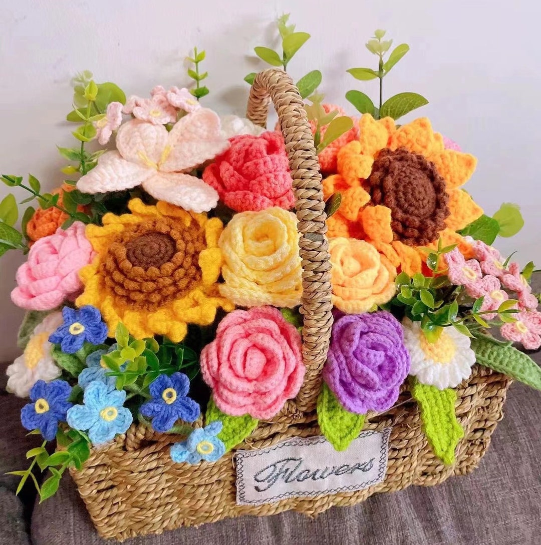 Crochet Flower Bouquet Pattern: Sunflower, Daisy, Heart, Eucalyptus ...