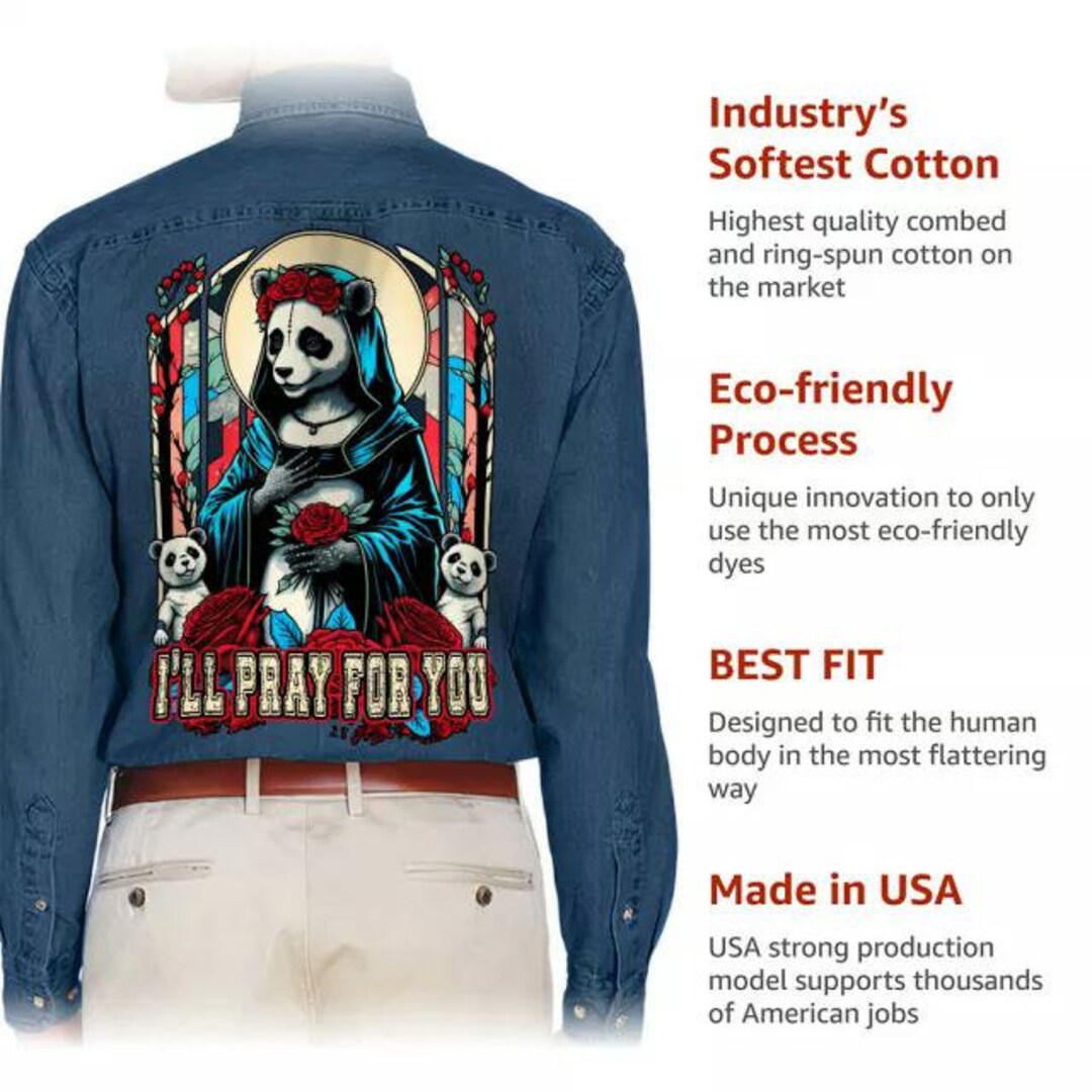 Panda Prayer Men's Long-sleeved Solid Denim Shirt Fashion Brand Classic ...