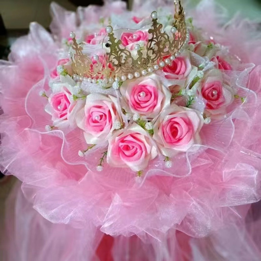 Handcrafted Ribbon Bouquet With Crown and Lights - BLING Rose Floral ...
