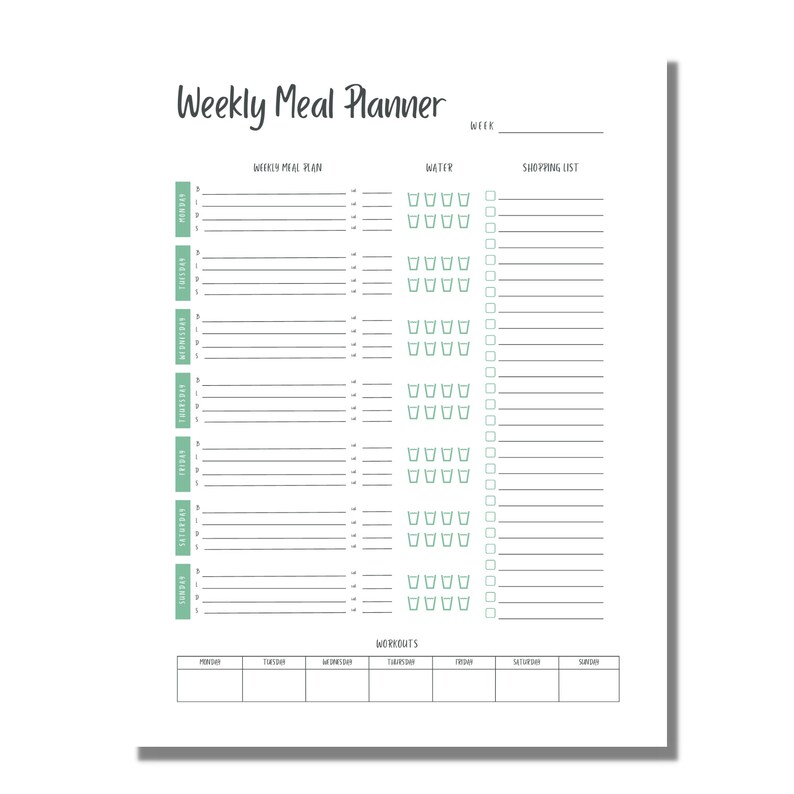 Meal Planner Tracker, Shopping List, Weekly Food Menu Plan, Workout ...