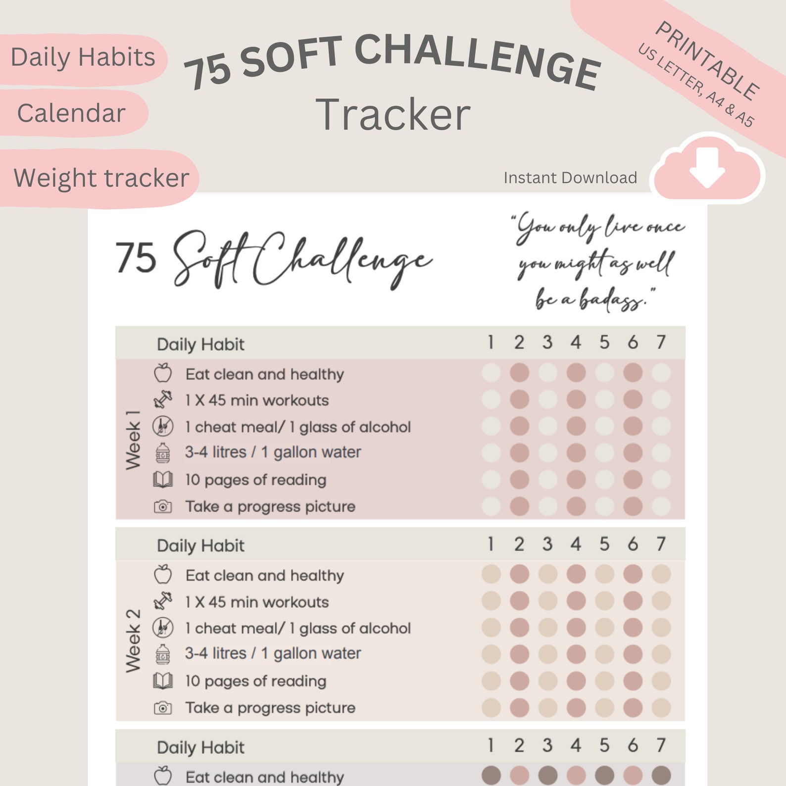 75 Soft Challenge Tracker With Daily Habits, Calendar and Weight ...