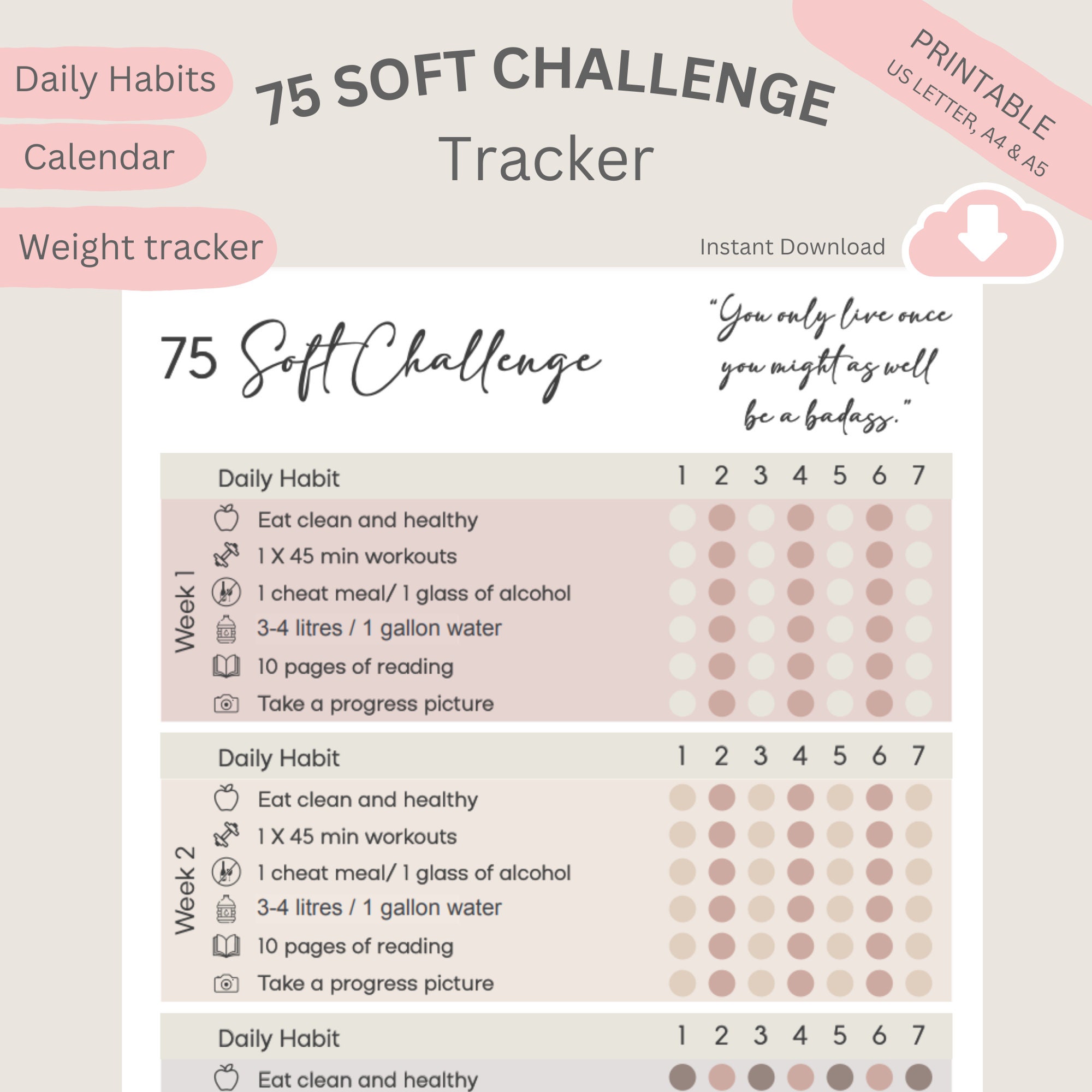 75 Soft Challenge Tracker With Daily Habits, Calendar and Weight ...