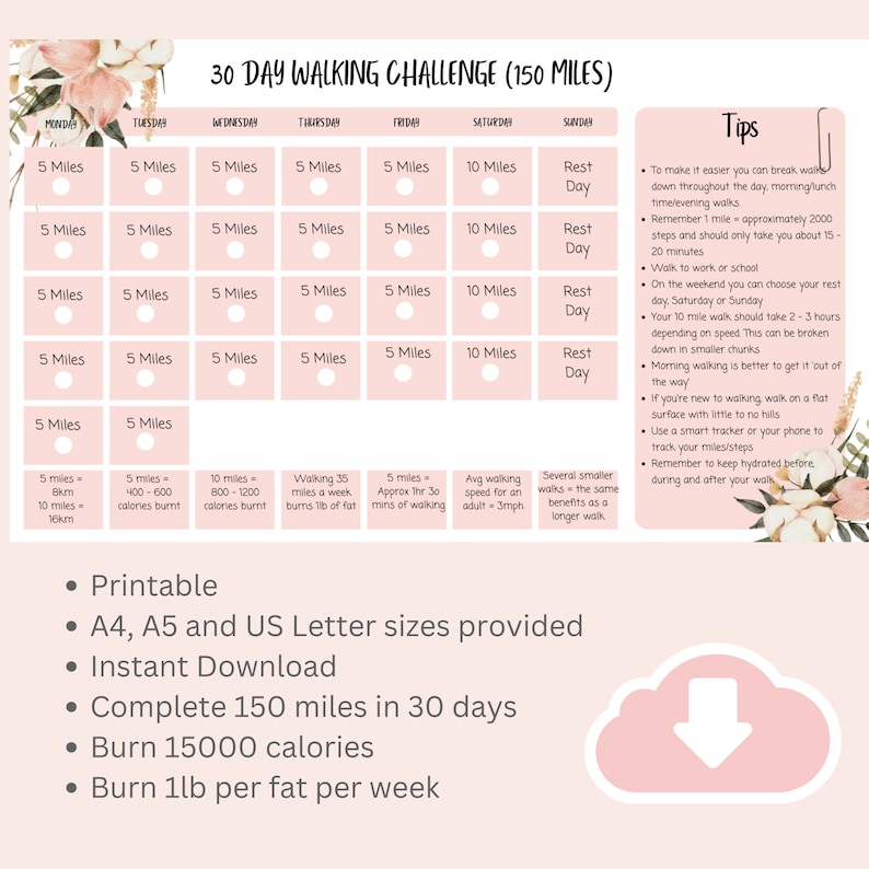 Walking Challenge Tracker 30 Day Walking Hiking Log & Training Plan ...