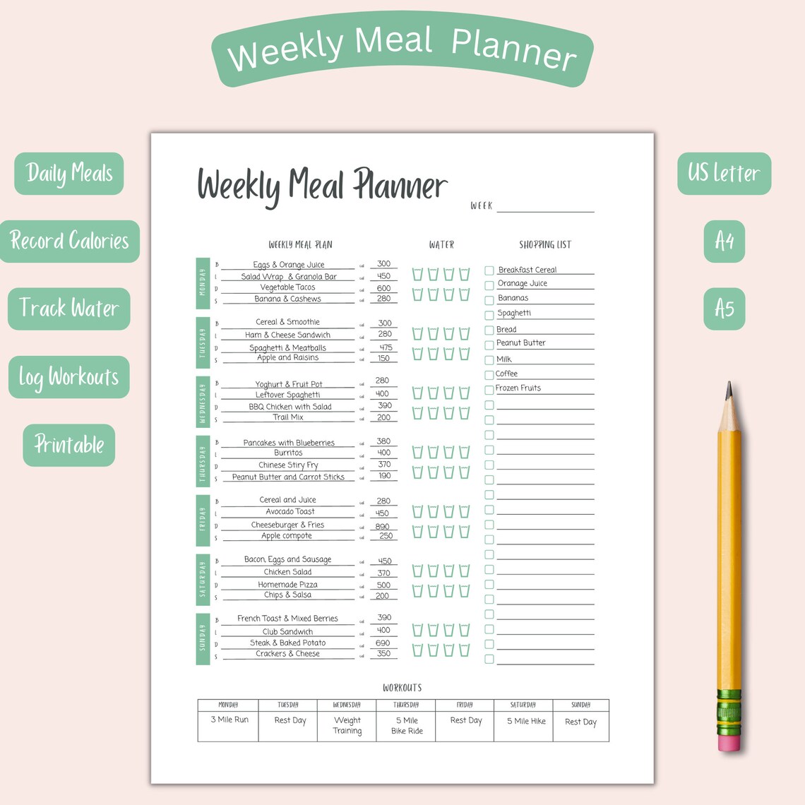 Meal Planner Tracker, Shopping List, Weekly Food Menu Plan, Workout ...