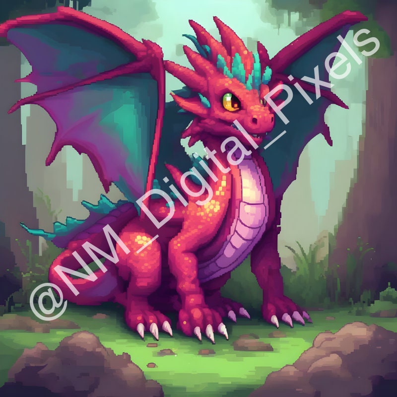 PIXEL DRAGONS Set of 4 Dragon Art, Fantastic Art for Fantasy Lover Gift ...