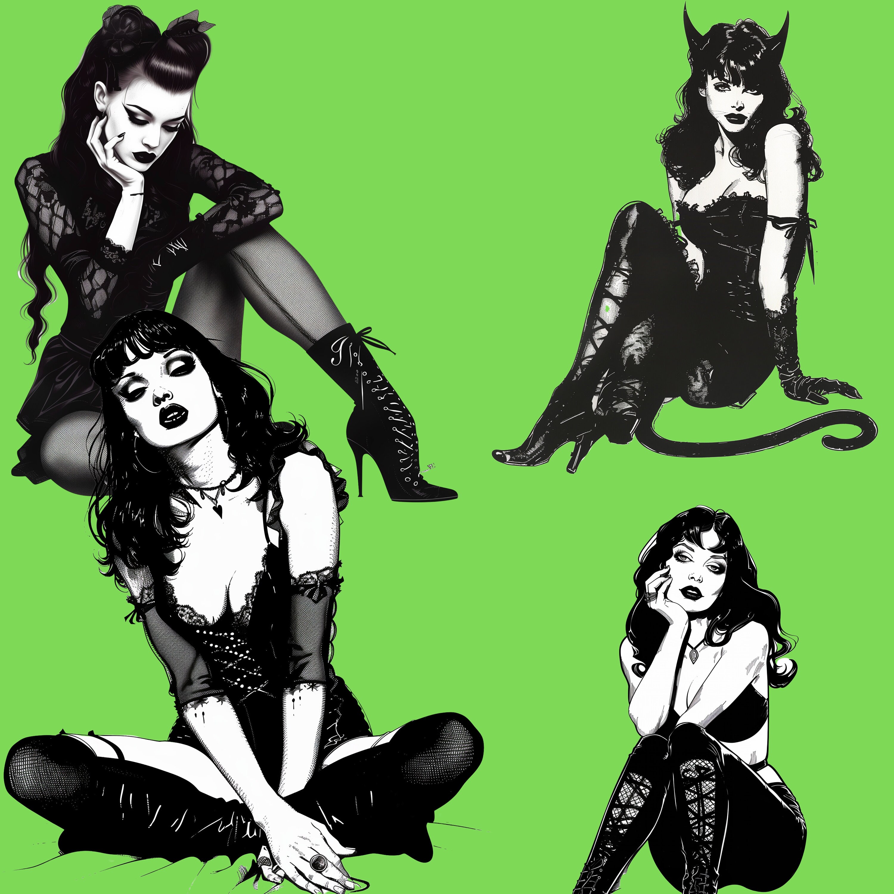 20 Vintage Goth Girl Pinup Clip Art Retro Pinup Artwork, PNG for Sublimation Instant Download ...