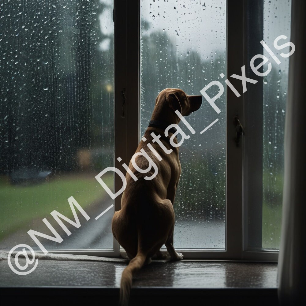 Sad Dog Looking Out Rainy Window Digital Reference Images Set of 4 ...