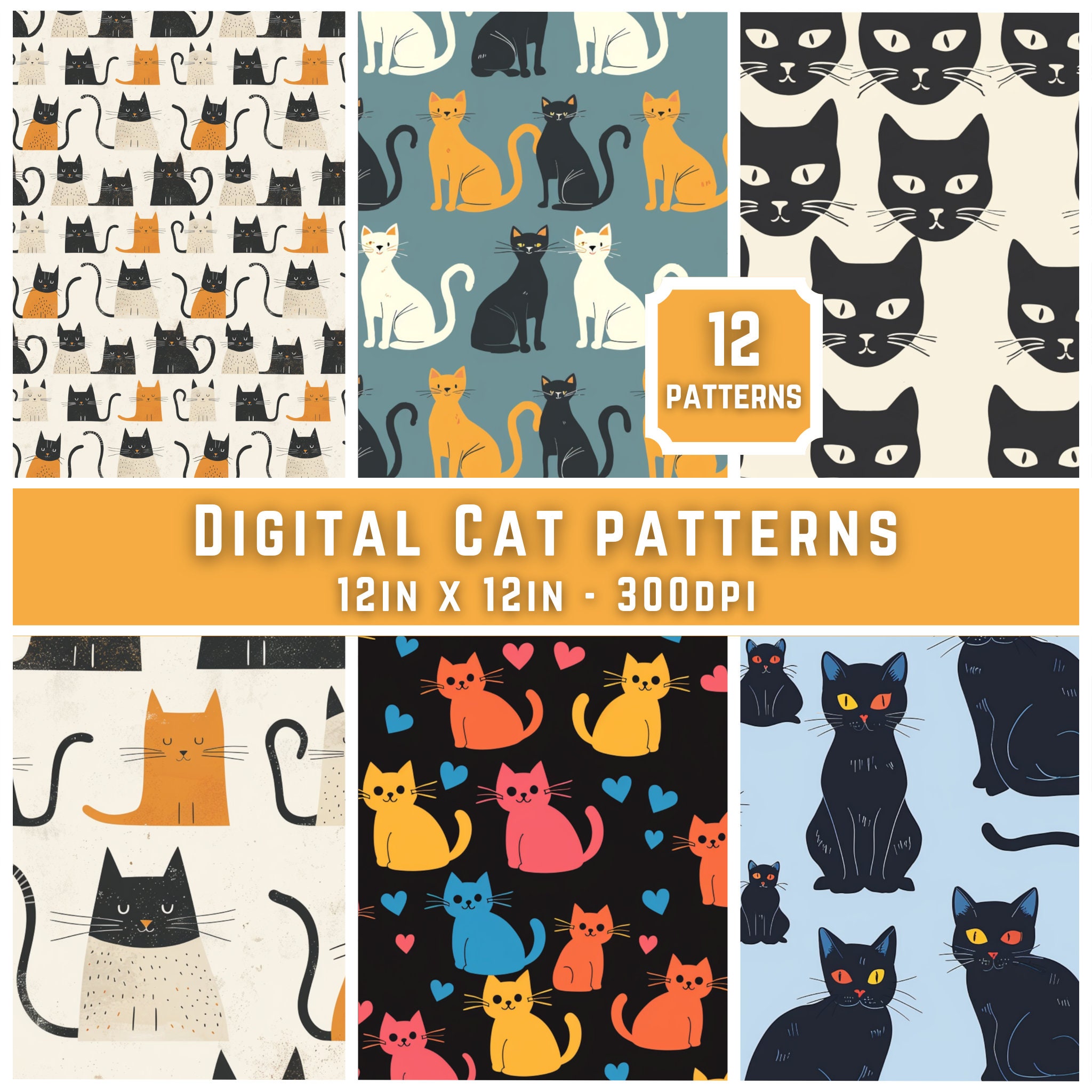 12 SEAMLESS Cat Patterns, Cat Pattern Designs for Clothing, Digital Art ...