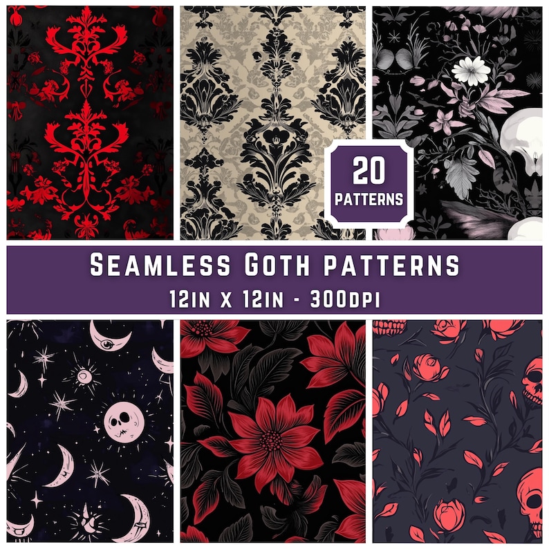 20 SEAMLESS Goth Patterns Vintage Gothic Patterns for Dresses, Clothing ...