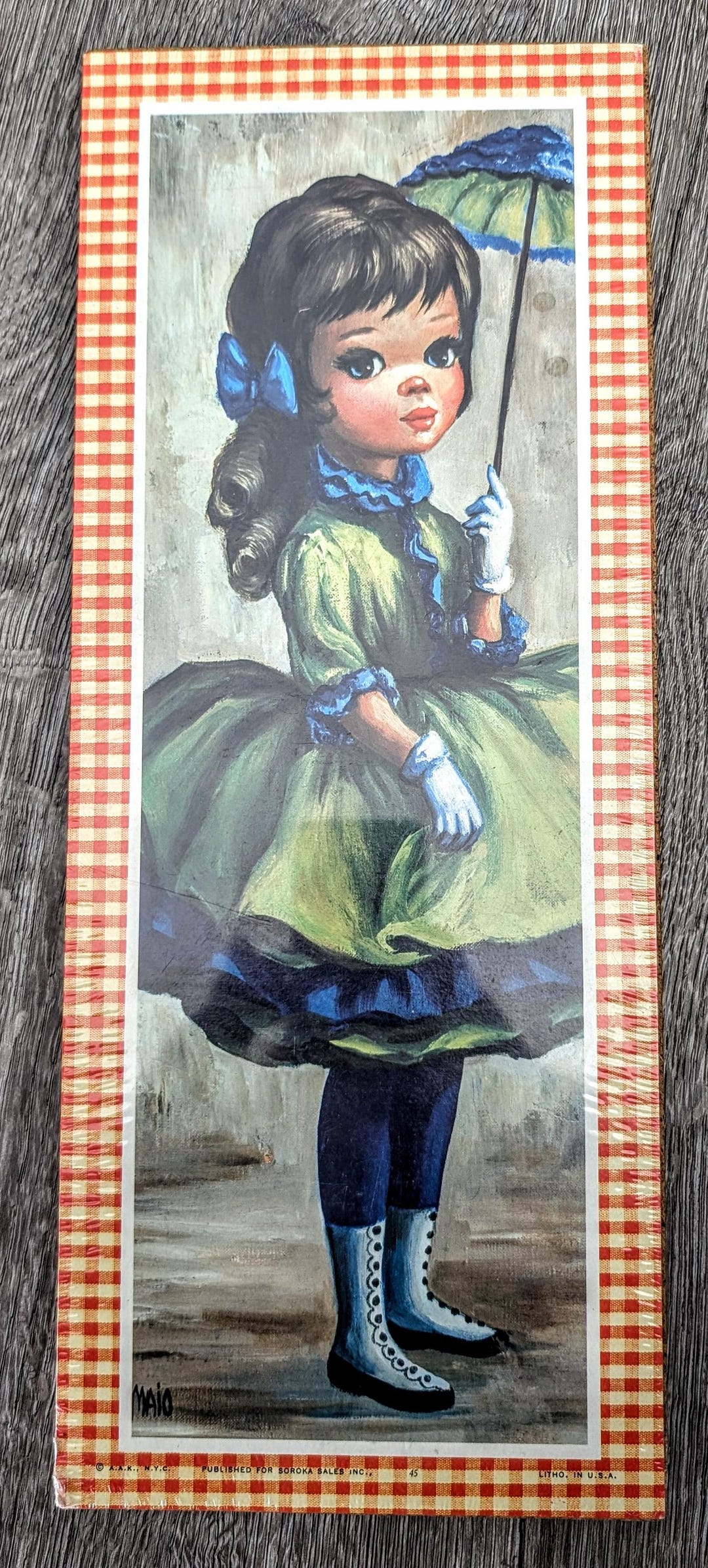 Big Eyed MAIO Lithograph on Cork 60's Wall Hanging Retro Decor Girl ...