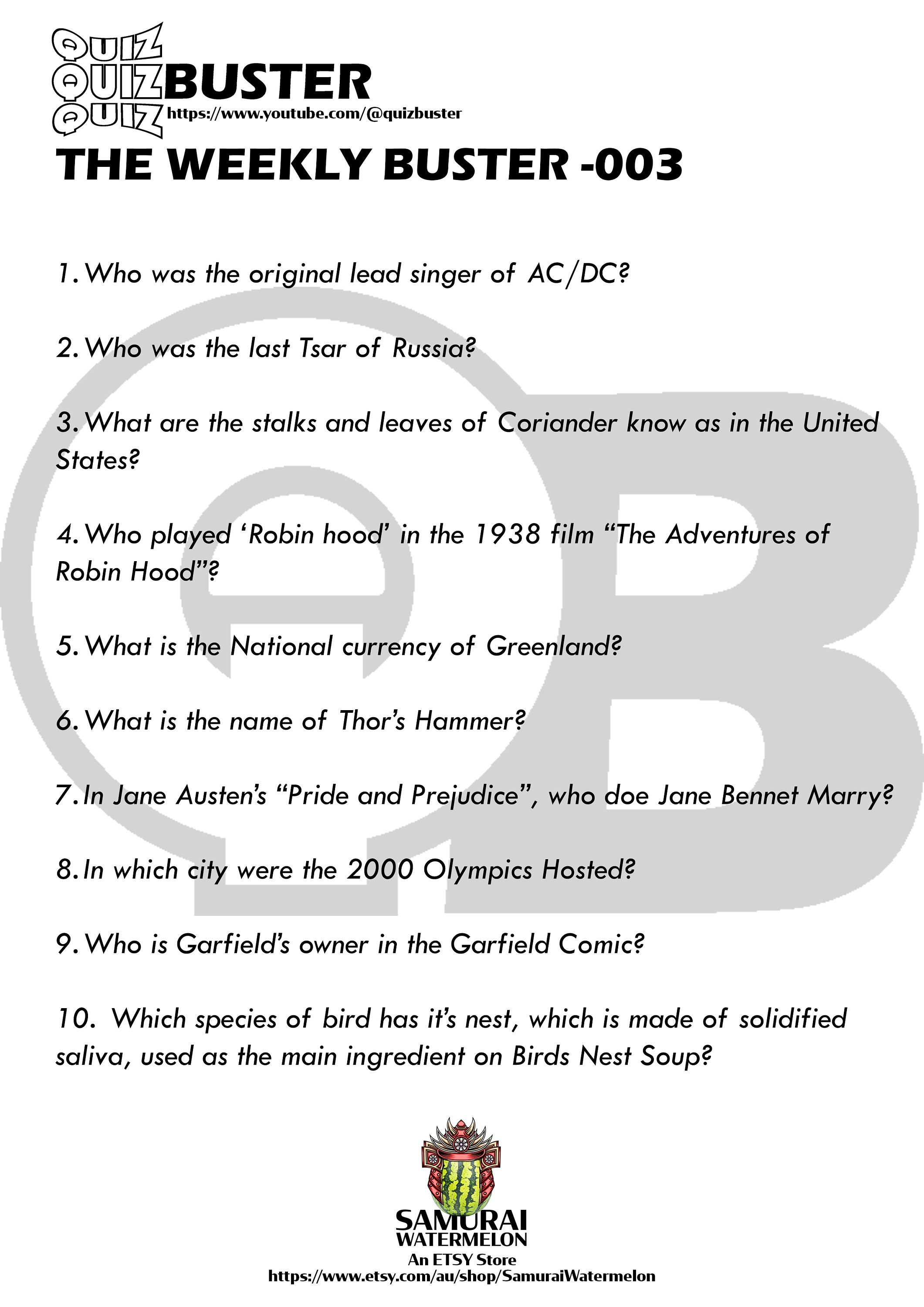 Mixed Knowledge Trivia Quiz Buster the Weekly Buster 003 20 Questions ...