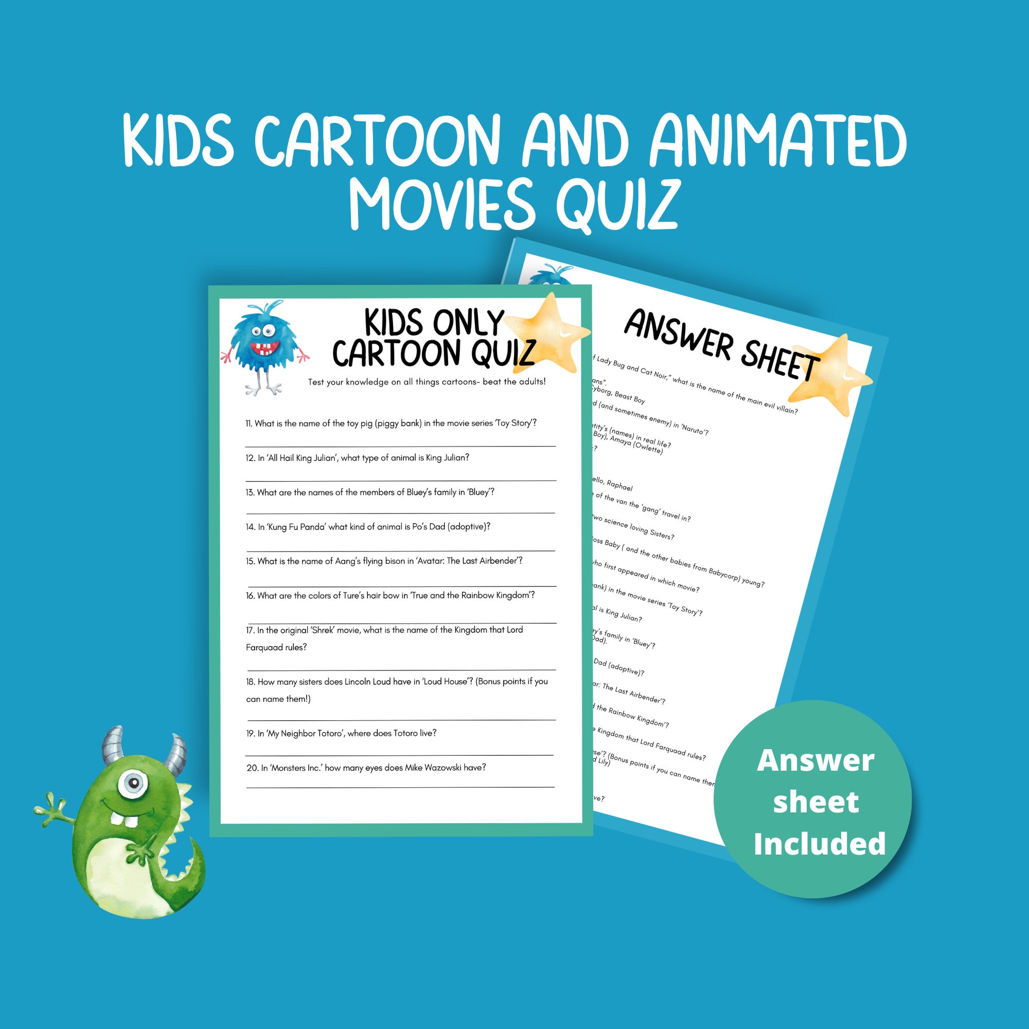 Kids Cartoon and Animated Movie Quiz Triva Questions - Etsy