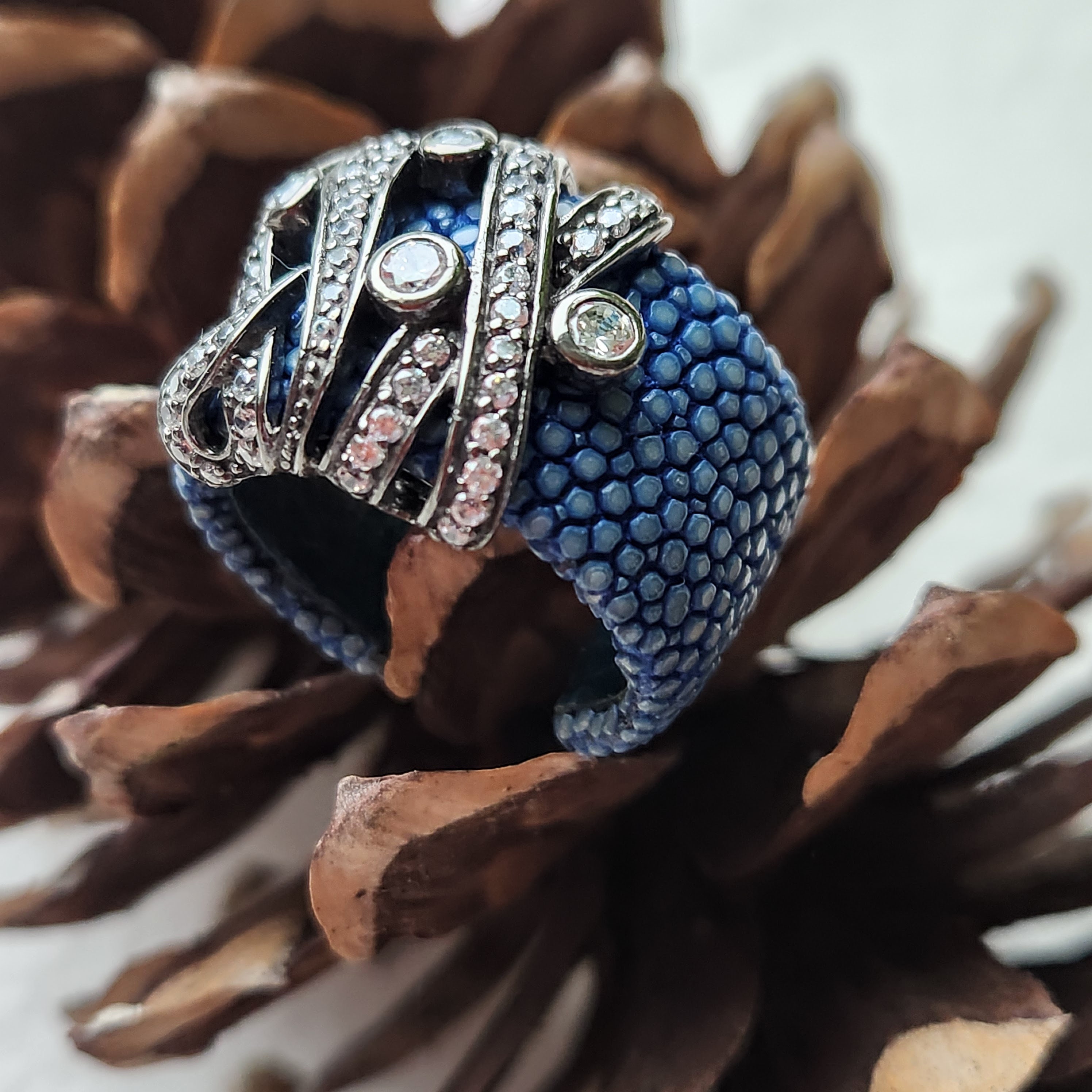 Blue Stingray Leather, Oxidized Sterling Silver, and White Topaz ...
