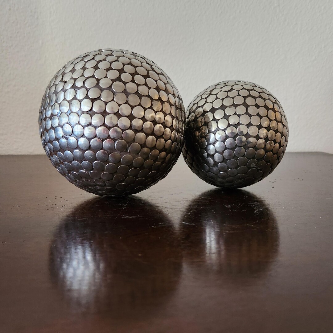 Shiny Silver Decorative Spheres, Set of 2 Orbs, Metal Inlay Home Decor ...