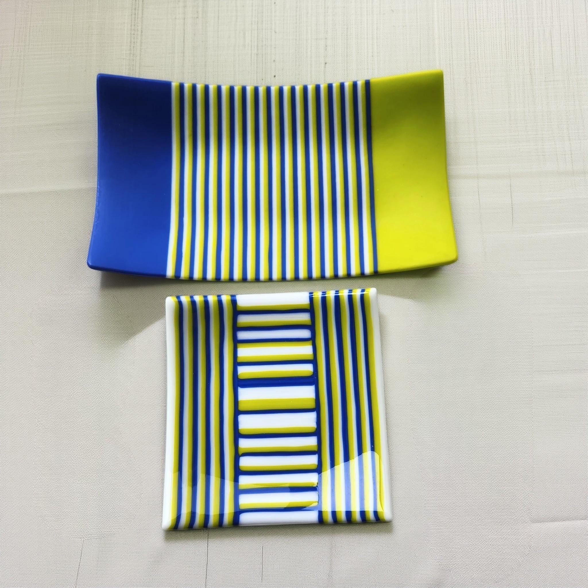 Modernist Striped Glass Plate Set – Blue, Yellow & White Fused Glass ...