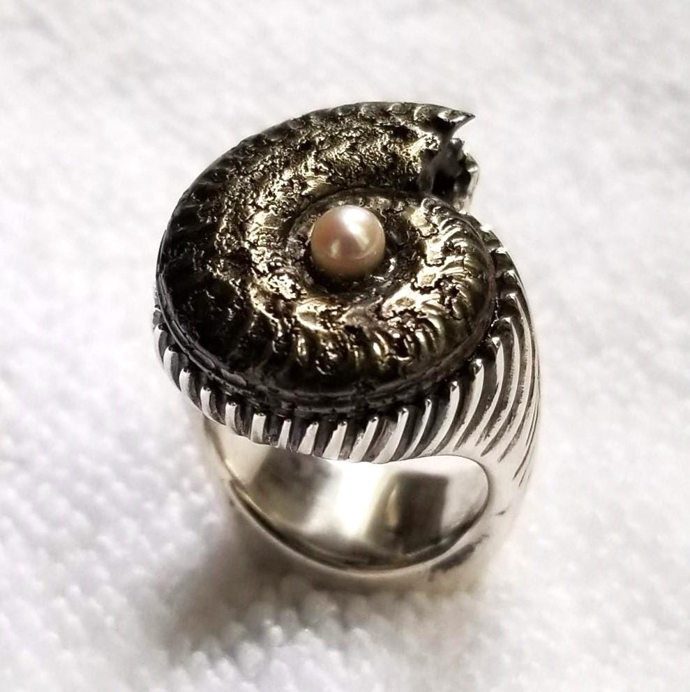 OOAK Designer Sterling Silver Fossil Ring, Pyrite Ammonite, South Sea ...