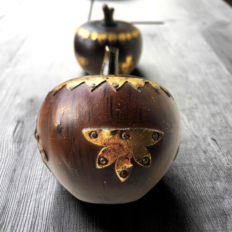 Vintage Brass Broidered Coconut Shell Fruit: Kerala Folk Art Decor, Set ...