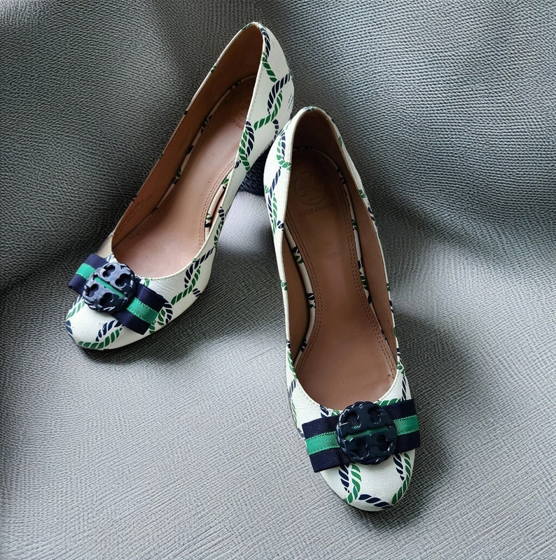 Vintage Tory Burch Nautical Rope Heels, Leather Pumps, Bow Buckle, SZ 9 ...