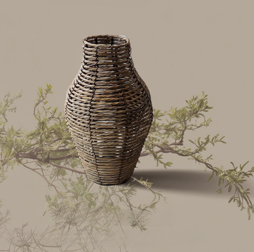 Handwoven Rattan or Seagrass Floor Vase 18" • Tall Natural Fiber Basket ...