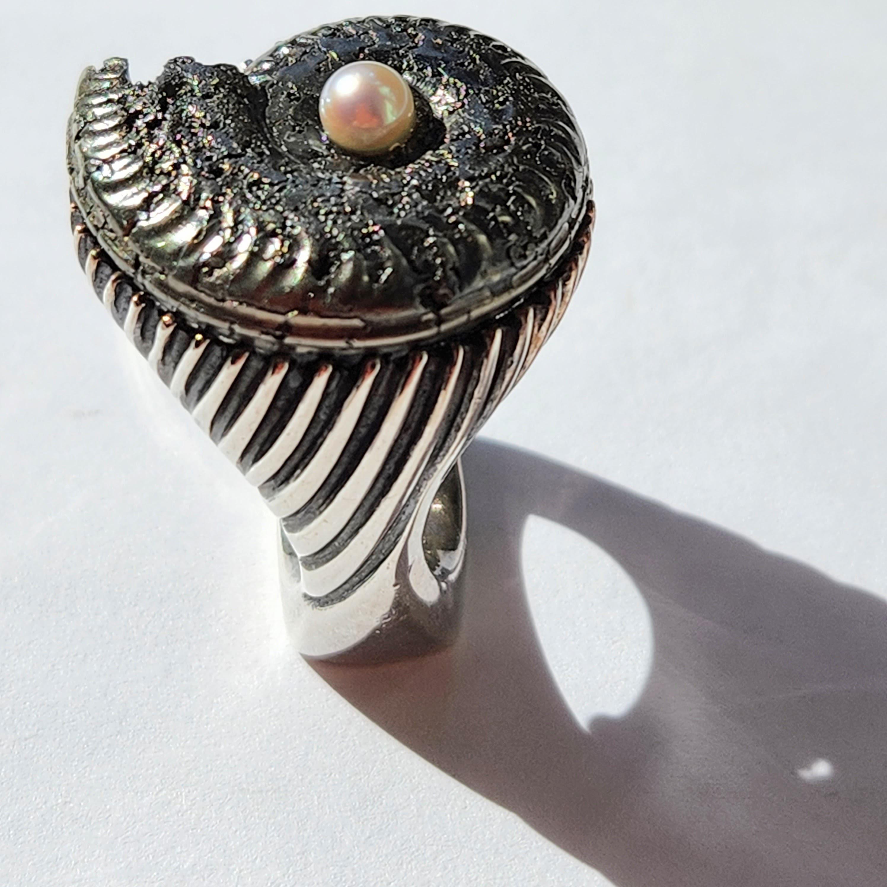 OOAK Designer Sterling Silver Fossil Ring, Pyrite Ammonite, South Sea ...