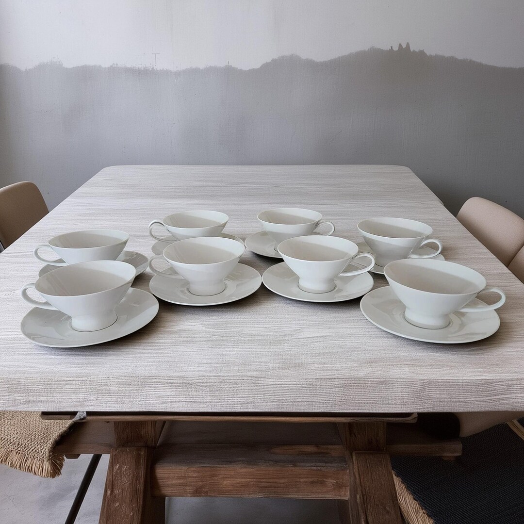 Set of 8 Iconic Cups and Saucers, White Porcelain, Mid-century Modern ...
