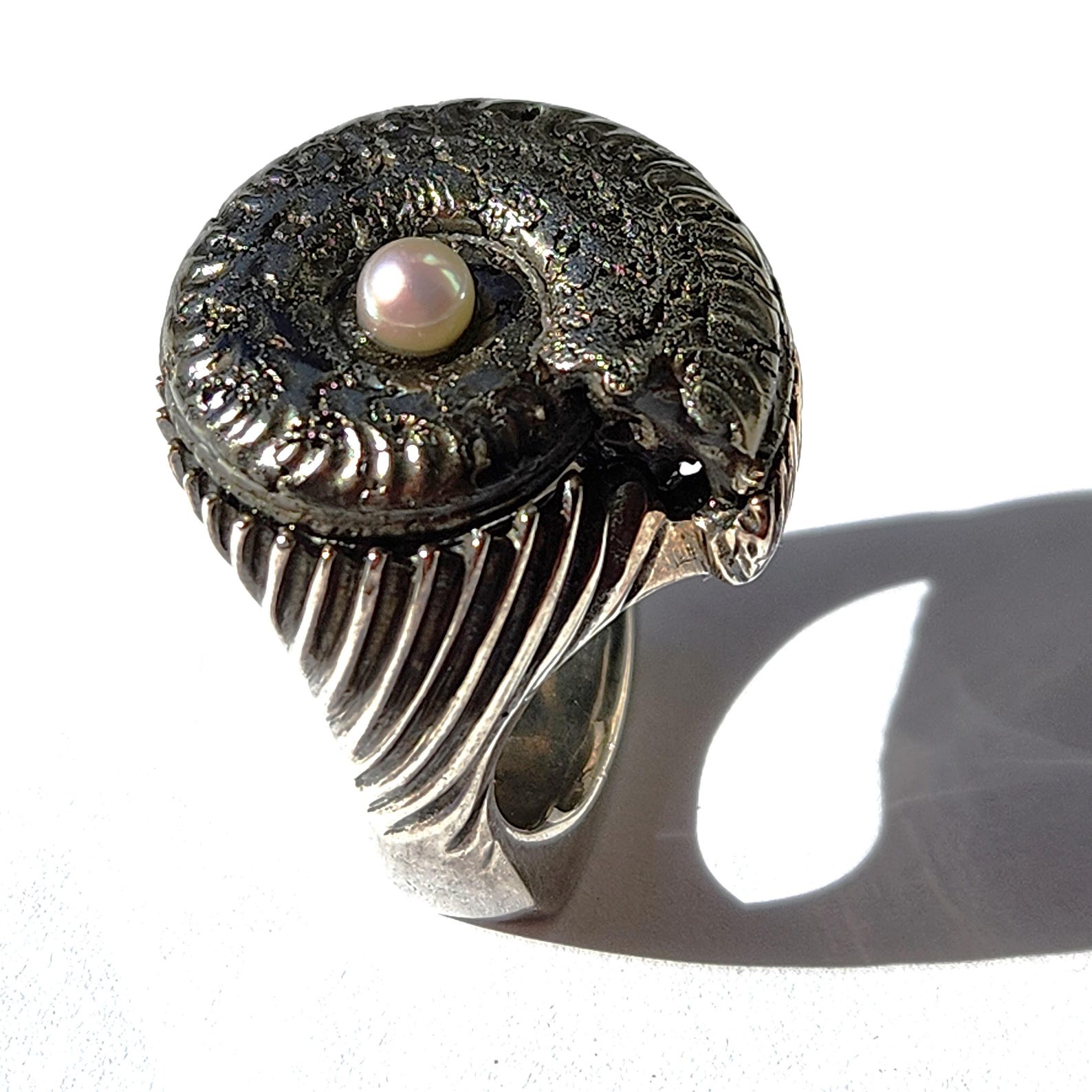 OOAK Designer Sterling Silver Fossil Ring, Pyrite Ammonite, South Sea ...