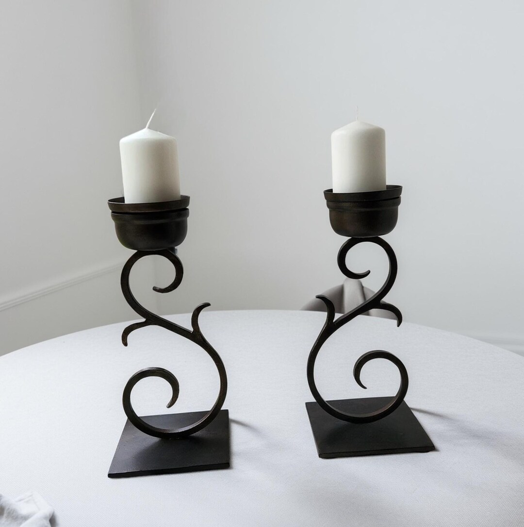 Pair Wrought Iron Scroll Candle Holders, Black Metal Pillar Stands, 11 ...
