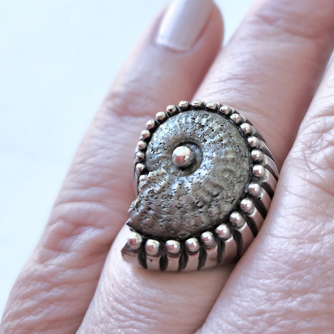 OOAK Designer Pyrite Ammonite Fossil Ring, Sterling Silver Statement ...