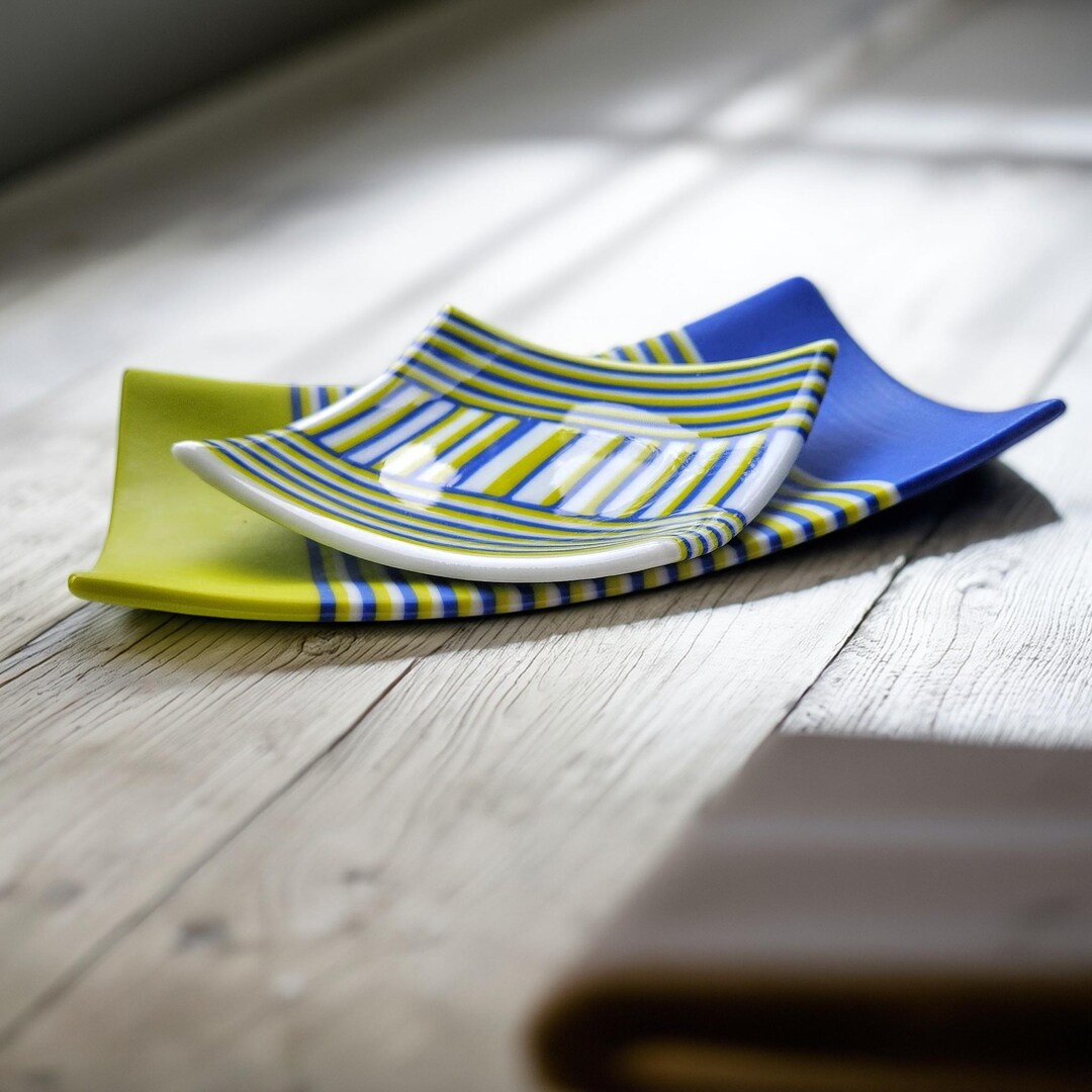 Modernist Striped Glass Plate Set – Blue, Yellow & White Fused Glass ...