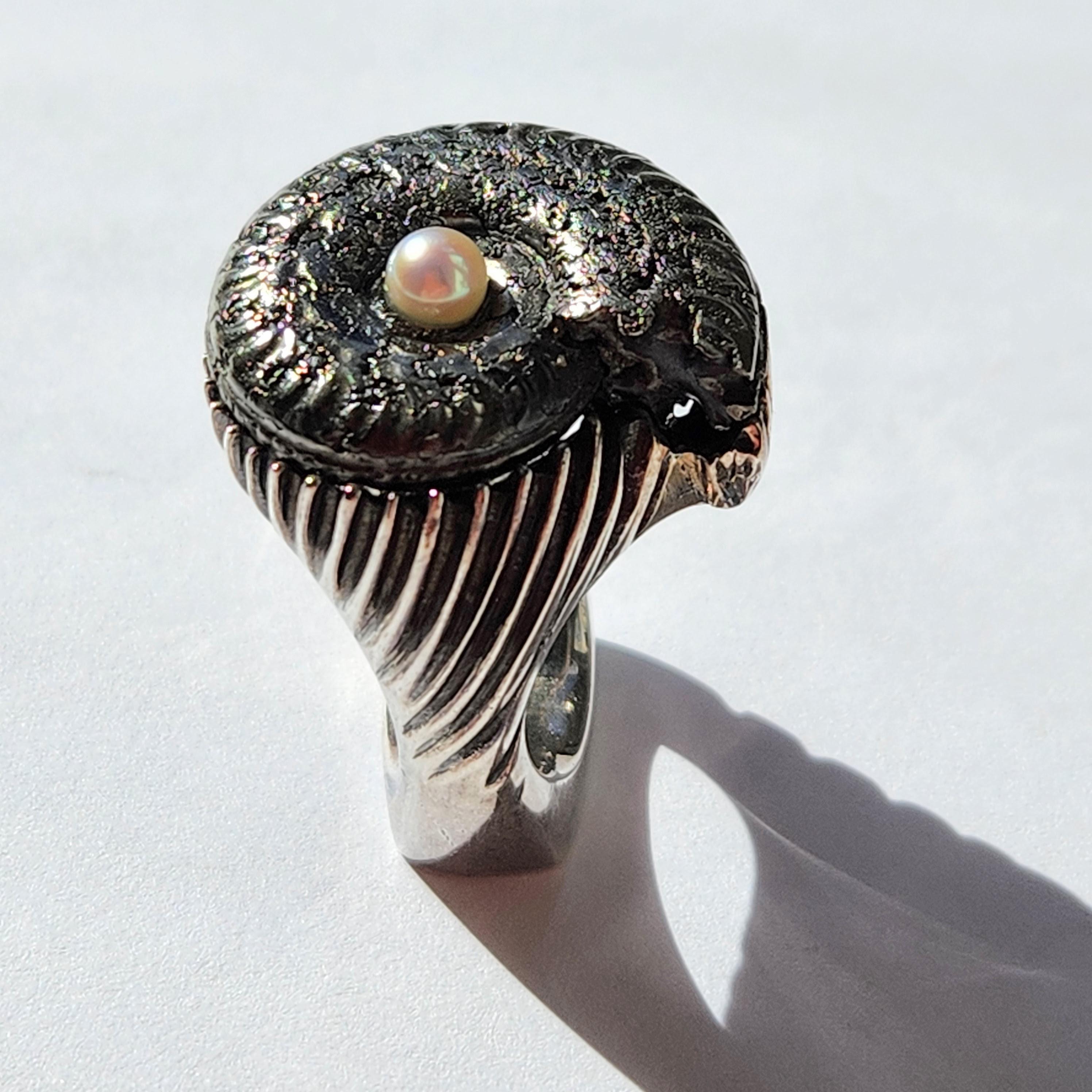 OOAK Designer Sterling Silver Fossil Ring, Pyrite Ammonite, South Sea ...