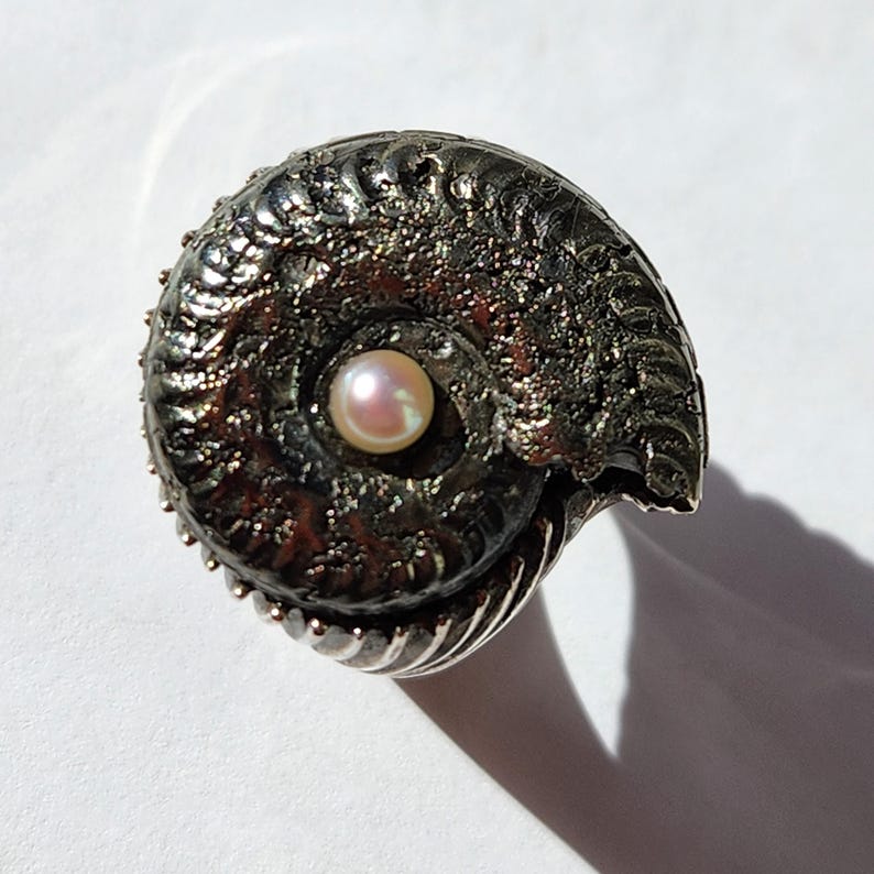 OOAK Designer Sterling Silver Fossil Ring, Pyrite Ammonite, South Sea ...