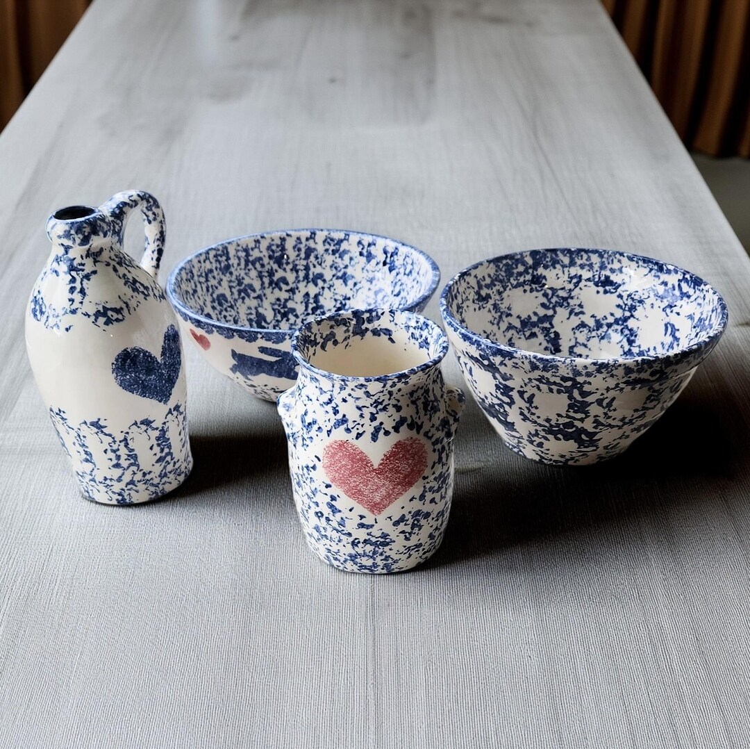 Spatterware Pottery Kitchen Set, Blue Sponge Glaze, Heart & Rabbit ...