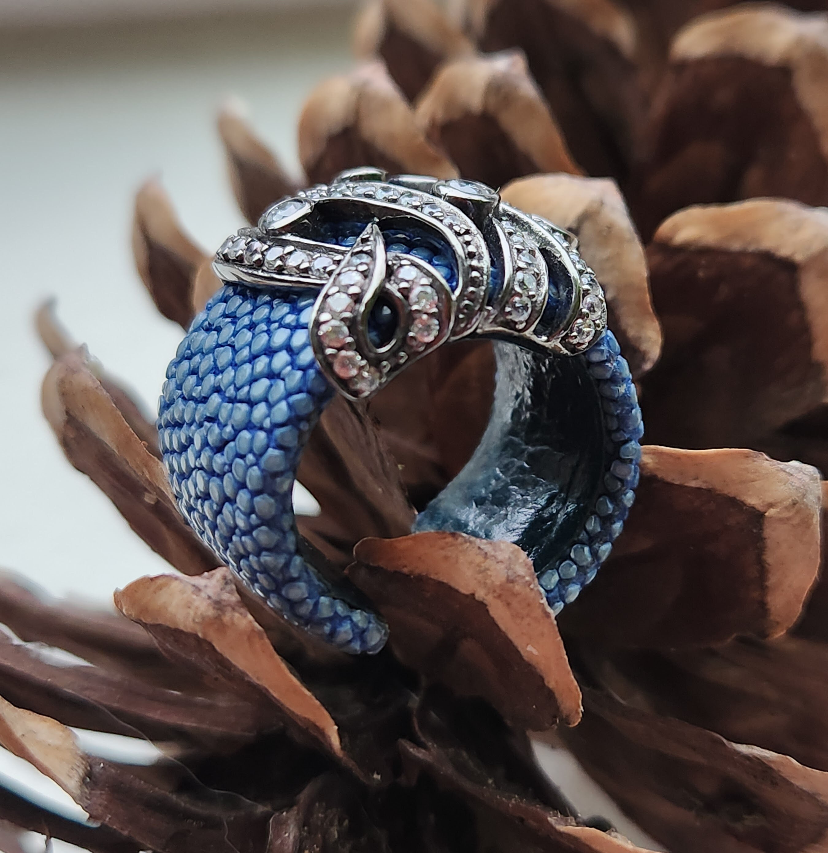 Blue Stingray Leather, Oxidized Sterling Silver, and White Topaz ...