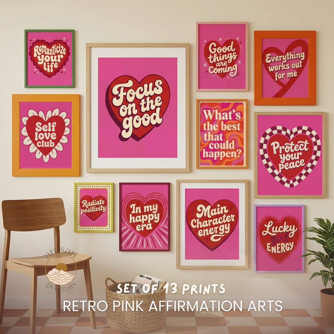 Pink Affirmation Wall Art Set of 12 Prints, Retro Quotes Posters ...