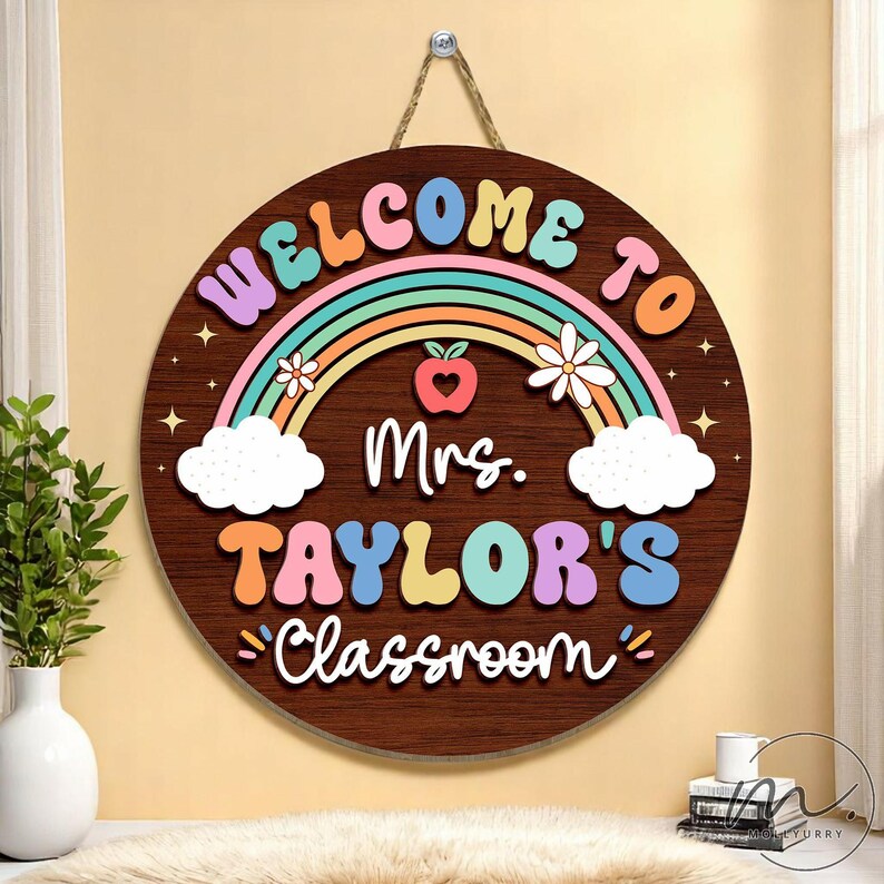 Welcome to Classroom Rainbow Wooden Sign, Custom Teacher Name Door ...