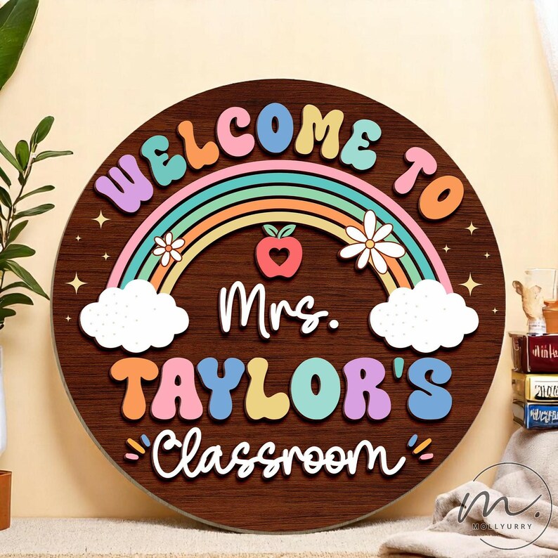 Welcome to Classroom Rainbow Wooden Sign, Custom Teacher Name Door ...