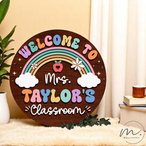 Welcome to Classroom Rainbow Wooden Sign, Custom Teacher Name Door ...