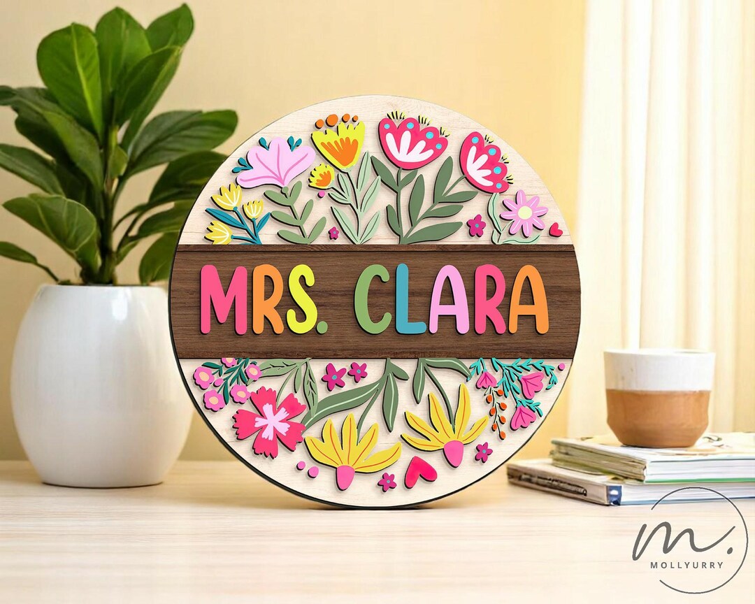 Personalized Teacher Floral Name Sign, Custom Desk Plaque for Teachers ...