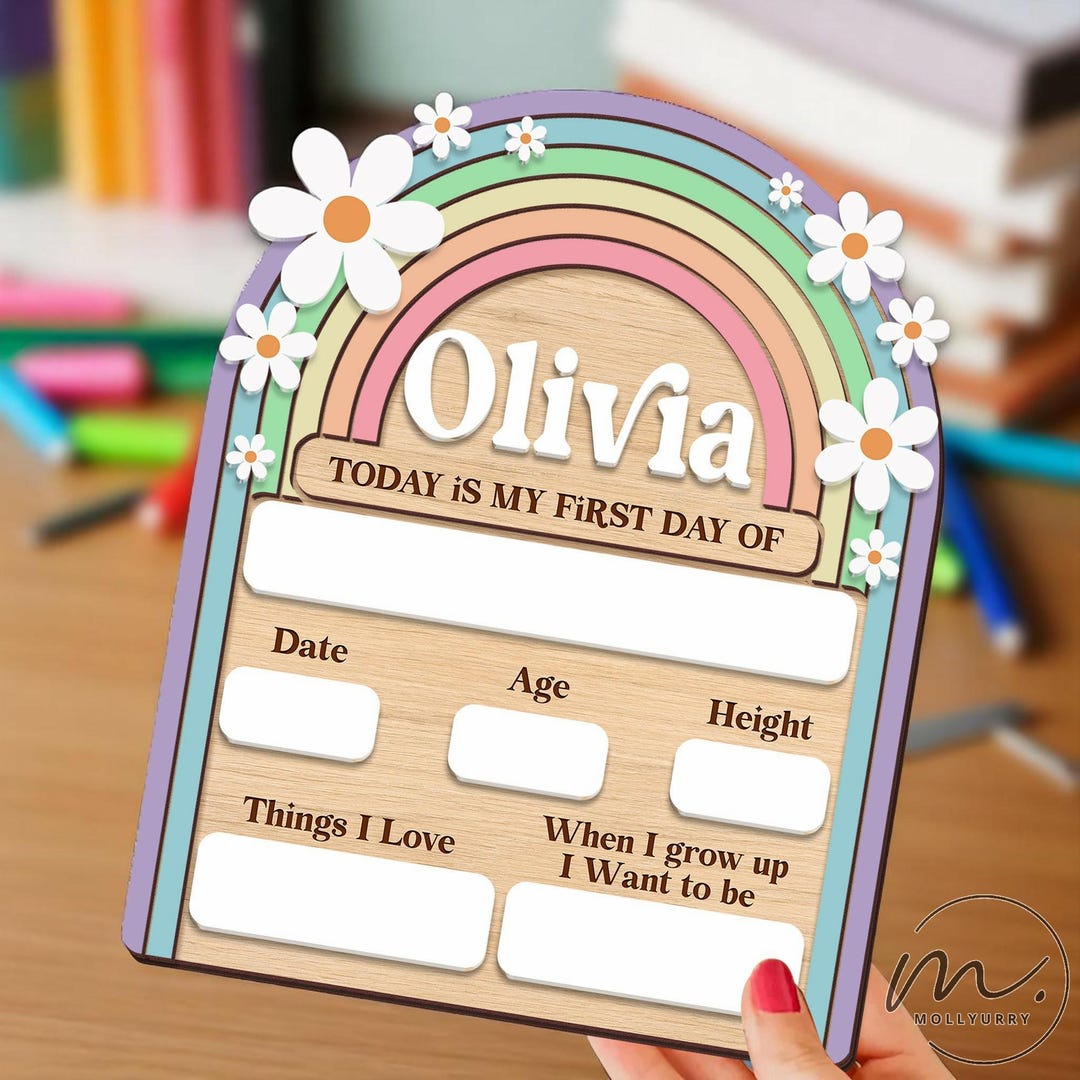 Daisy Rainbow First Day of School Sign for Girls, Personalized Wooden ...