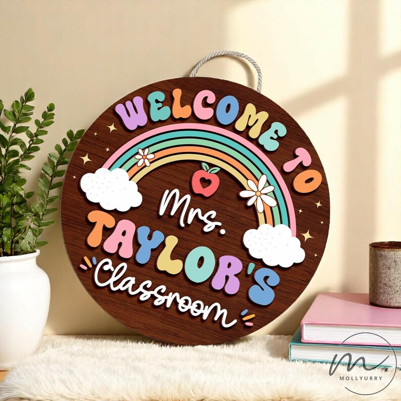 Welcome to Classroom Rainbow Wooden Sign, Custom Teacher Name Door ...