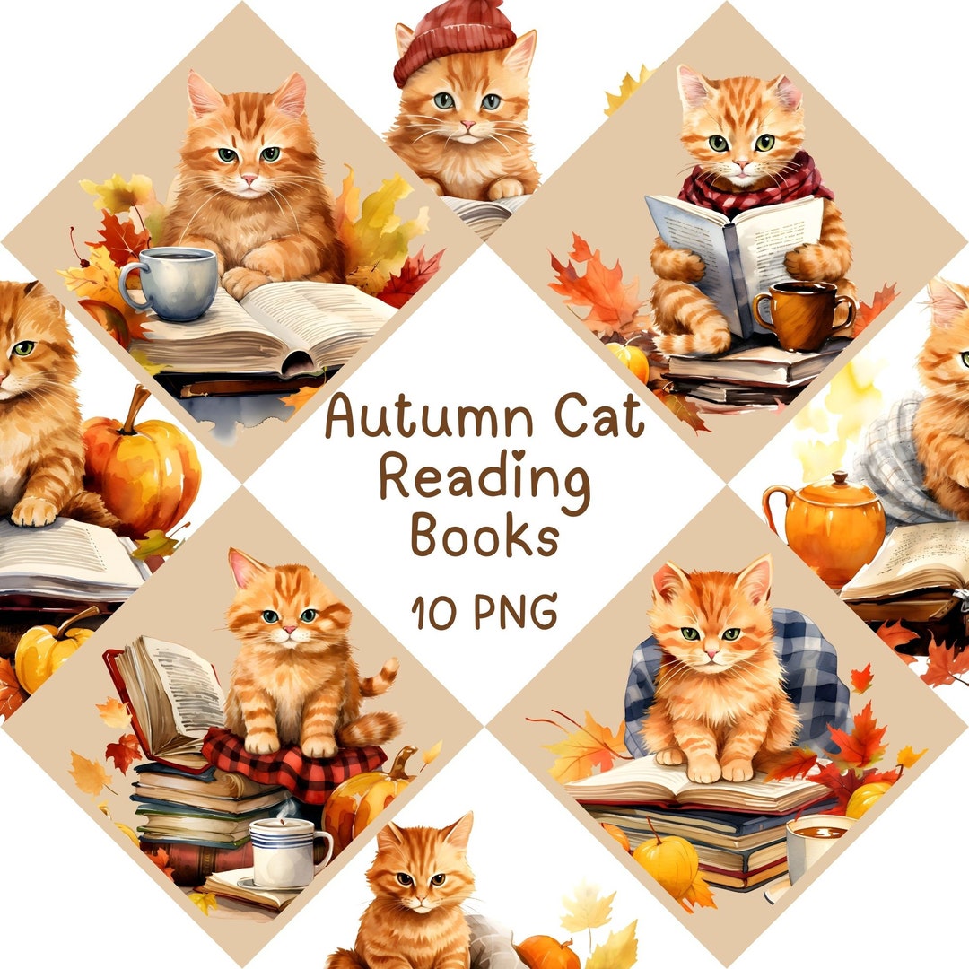 Autumn Ginger Cat Reading Books Clipart, Graphics for Cat Lovers Gift ...